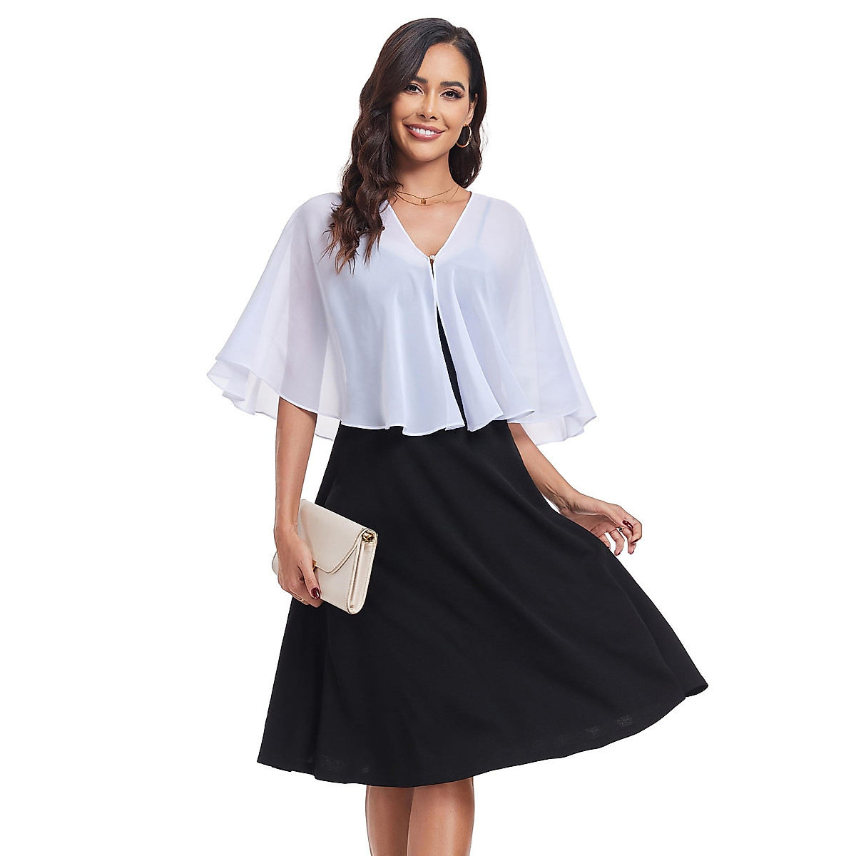 Fttyeiby Shawls and Wraps for Evening Dresses Chiffon Soft Wedding Guest Shawl Cape V Neck Capelets White