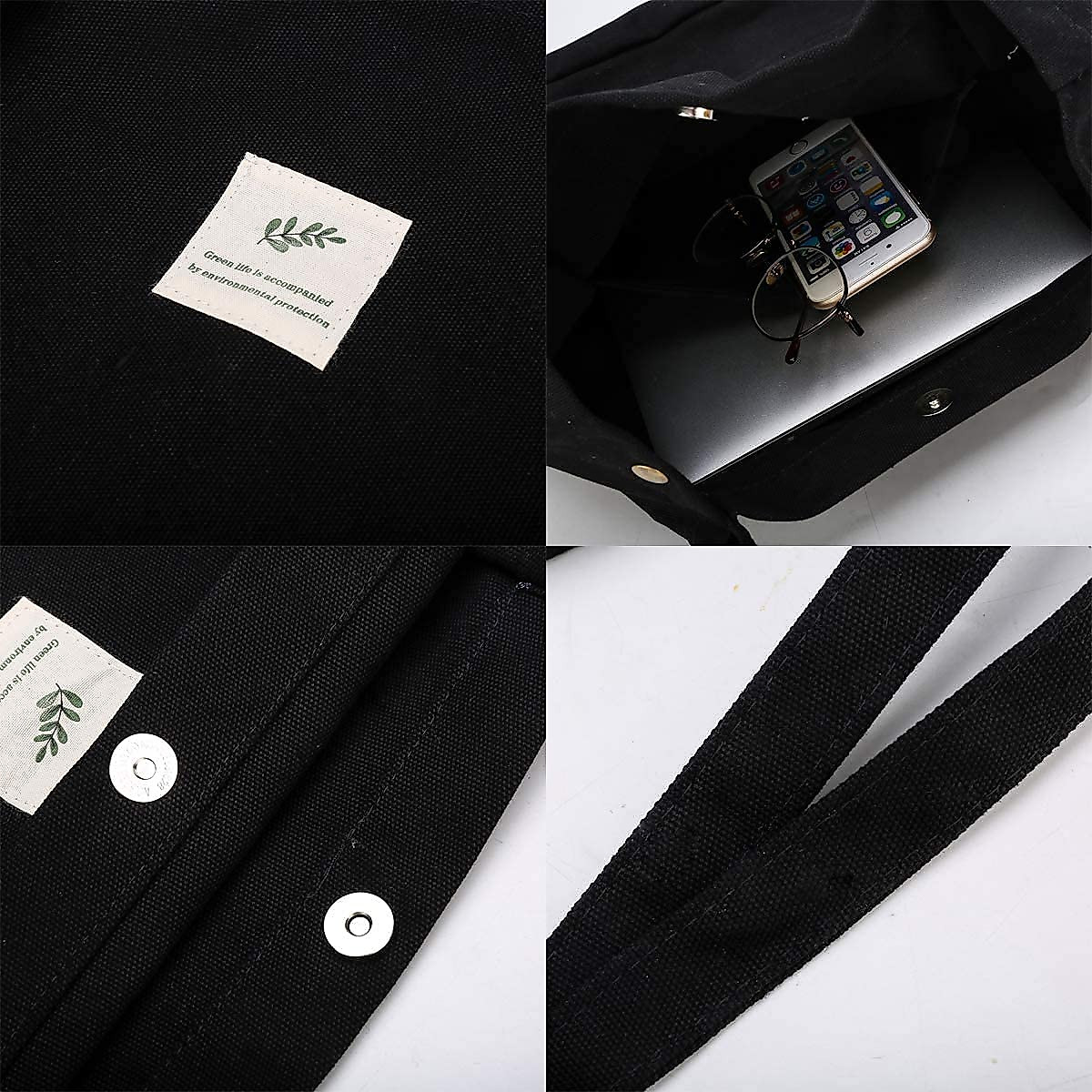 Canvas Tote Bag for Women Washable Reusable Carry Shoulder Bag With Inner Pocket (Black)