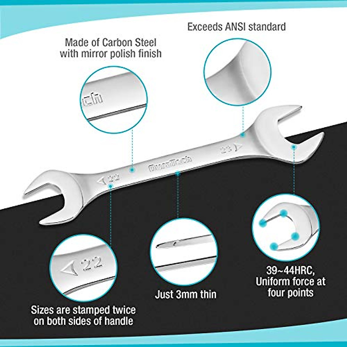 DURATECH Super-Thin Open End Wrench Set, Metric, 8-Piece, Including 5.5, 7, 8, 9, 10, 11, 12, 13, 14, 17, 19, 21, 22, 23, 24, 27 mm, Slim Spanner Wrench Set with Rolling Pouch