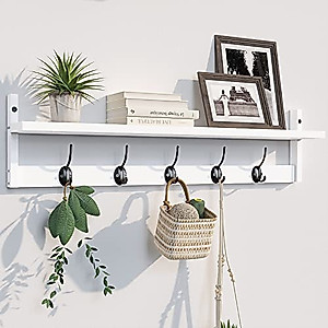 BAMEOS Wall Hooks with Shelf Entryway Wall Hanging Shelf Wood Coat Hooks for Wall with Shelf Wall-Mounted Coat Hook Rack with 5 Dual Hooks for Bathroom, Living Room, Bedroom (White-with Shelf)