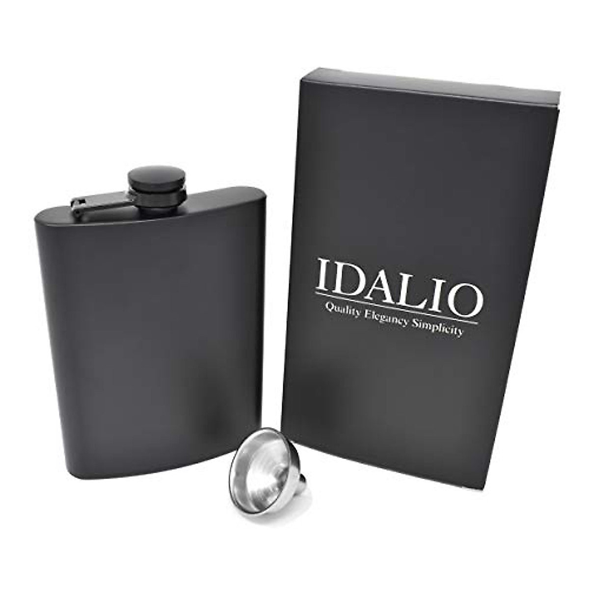 Hip Flask for Liquor 8 Ounce Stainless Steel Black Matte Black Hinge Leakproof with Funnel in Black Box for Men and Women by IDALIO