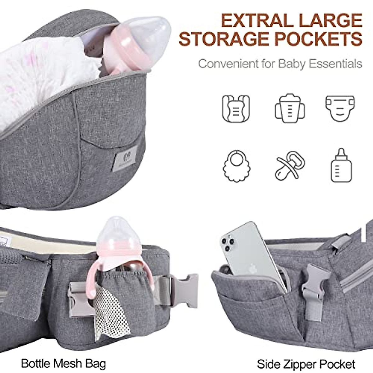 Baby Hip Seat Carrier, Baby Carrier for Newborn to Toddler with Sturdy Strap&Safty Belt, Ergonomic Infant Carrier with Waist Stool for 8-45lb, 0-36 Months, 5 Storage Pockets-Gray