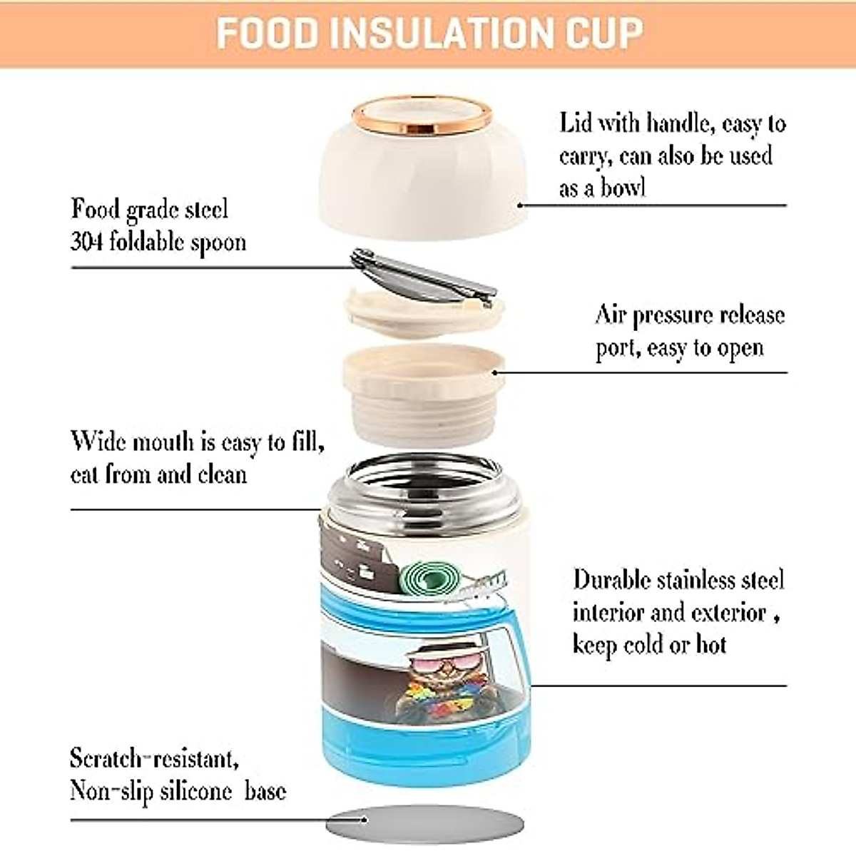 CUPADA Funny Cats Vacation Food Jar, Car Driving Insulated Hot Food Jars Vacuum 17OZ with Folding Spoon for Work Trip Picnic Camping