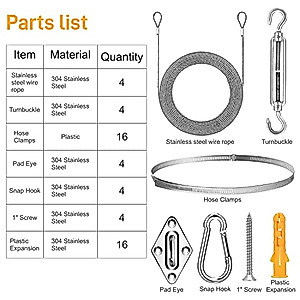 52Pcs Sun Shade Sail Hardware Kit, with 304 Anti-Rust Stainless Steel Rope,Heavy Duty Anti-Rust Square/Rectangle Shade Sail Installation for Garden Lawn Patio
