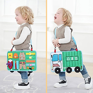 Toddler Busy Board, 14 in 1 Activity Board(Garbage Car Style), Montessori Sensory Toy for Fine Motor Skills, Learning Toy for Airplane or Car Travel, Preschool Educational Gift for Kids Boys Girls