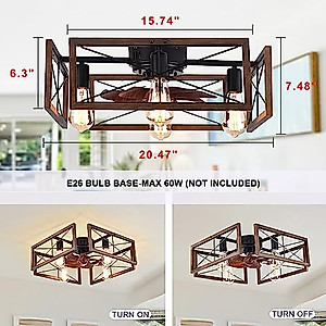 Capslpad 20''Farmhouse Flush Mount Ceiling Fan with Light and Remote Control,Industry Wood Low Profile Fan Rustic Industrial Caged Indoor Ceiling Fan for Bedroom Living Room Kitchen (4-Light)