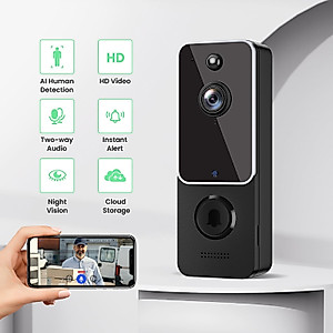 SJCODE Smart Video Doorbell Security Camera Outdoor Included Ring Chime, Wireless and Battery Powered, 2 Way Audio, Human Detection, Night Vision, Cloud Storage, for Indoor/Outdoor Surveillance