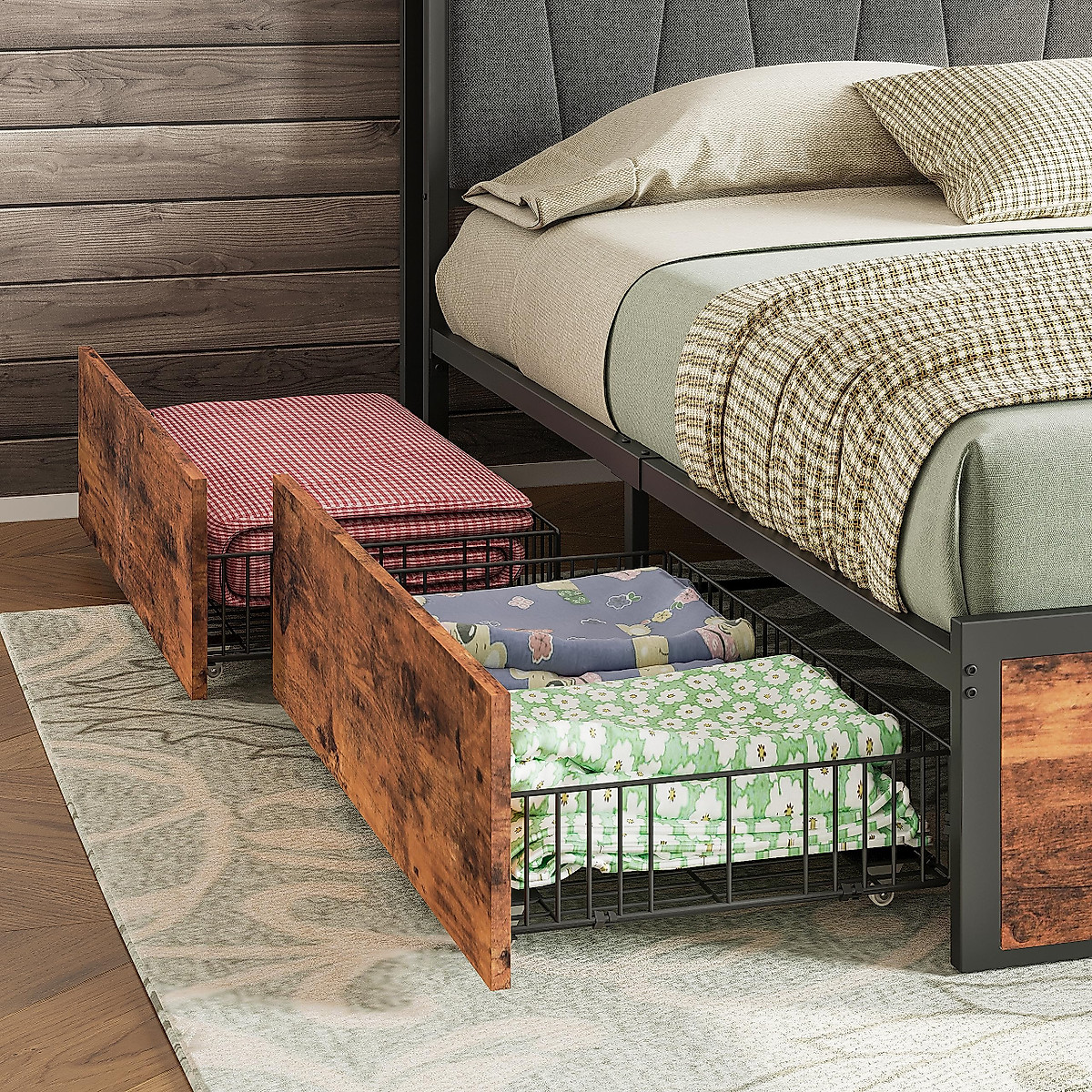 LIKIMIO Queen Bed Frame with 4 Storage Drawers, Platform Bed with Charged Headboard, Sturdy and Stable, No Noise, No Box Spring Needed, Easy to Install, Vintage Brown and Gray