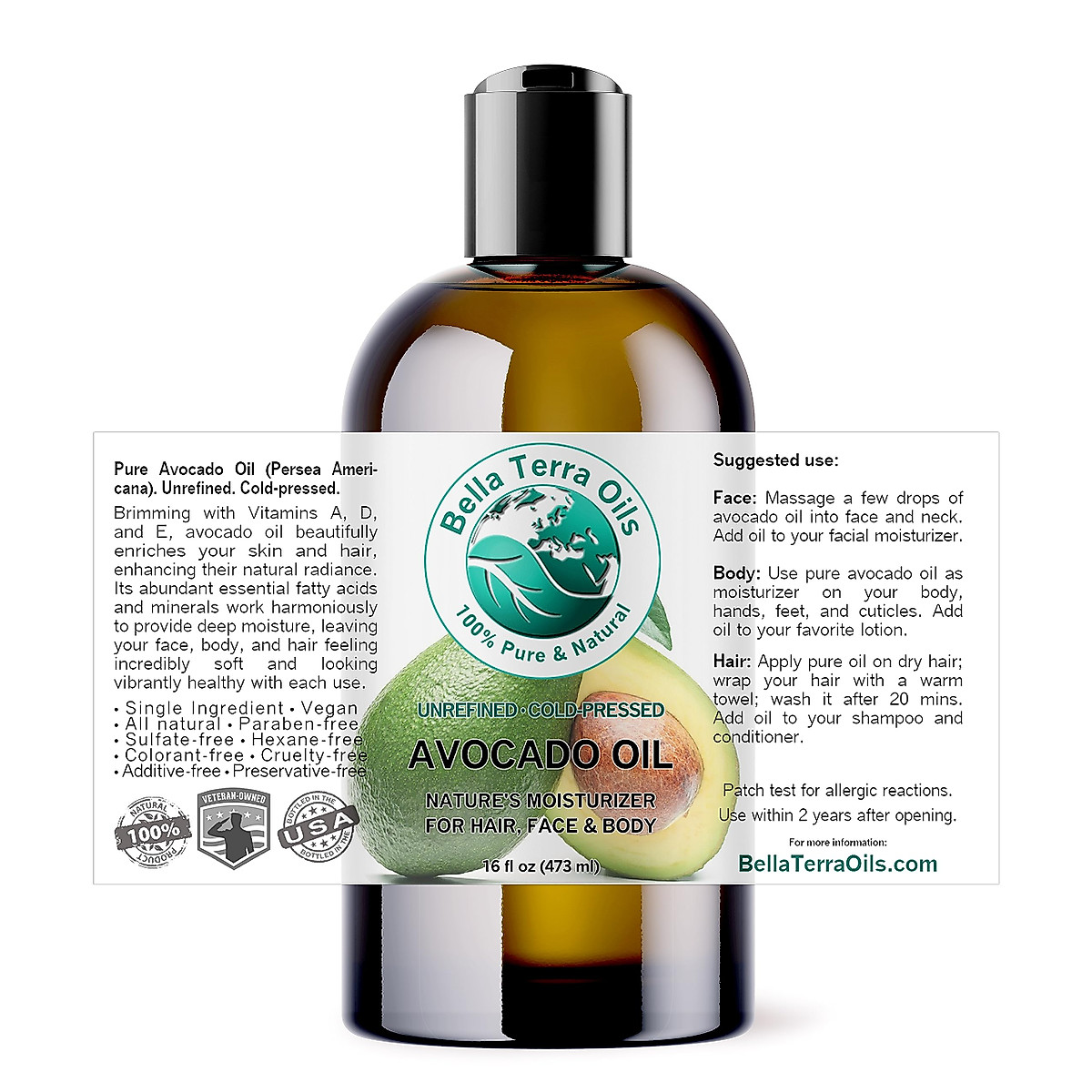 Bella Terra Oils - Avocado Oil 16 oz - Harness The Nutrient Power of Pure Avocado, High in Antioxidants & Omega-3, Luxurious Carrier Oil Experience