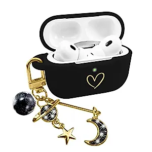 AIIEKZ Compatible with AirPods Pro 2 Case Cover 2022, Soft Silicone Case with Gold Heart Pattern for AirPods Pro 2nd Generation Case with Dream Diamond Planet Moon Keychain (Deep Black)