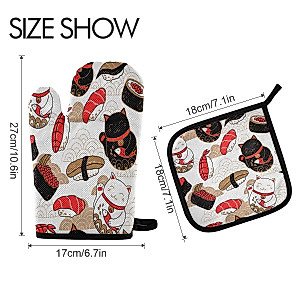 ZZXXB Maneki Neko Cat Oven Mitts and Pot Holders Set of 2 Heat Resistant Non-Slip Kitchen Gloves for Cooking Baking Barbecue Grilling