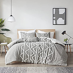 INK+IVY Hayes 100% Cotton Comforter Mid Century Modern Design Chenille Tufted All Season Bedding Set, Matching Shams, Decorative Pillow, Full/Queen, Yarn Dyed Gray 4 Piece