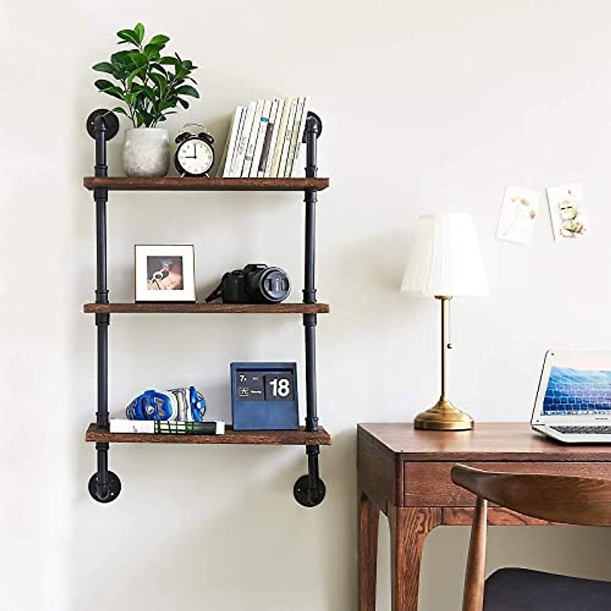YMYNY Industrial Pipe Shelf Bracket, 2 Tiers and 3 Tiers Retro Wall Mounted Floating Shelf, 24" Farmhouse Bathroom Shelving, Set of 2