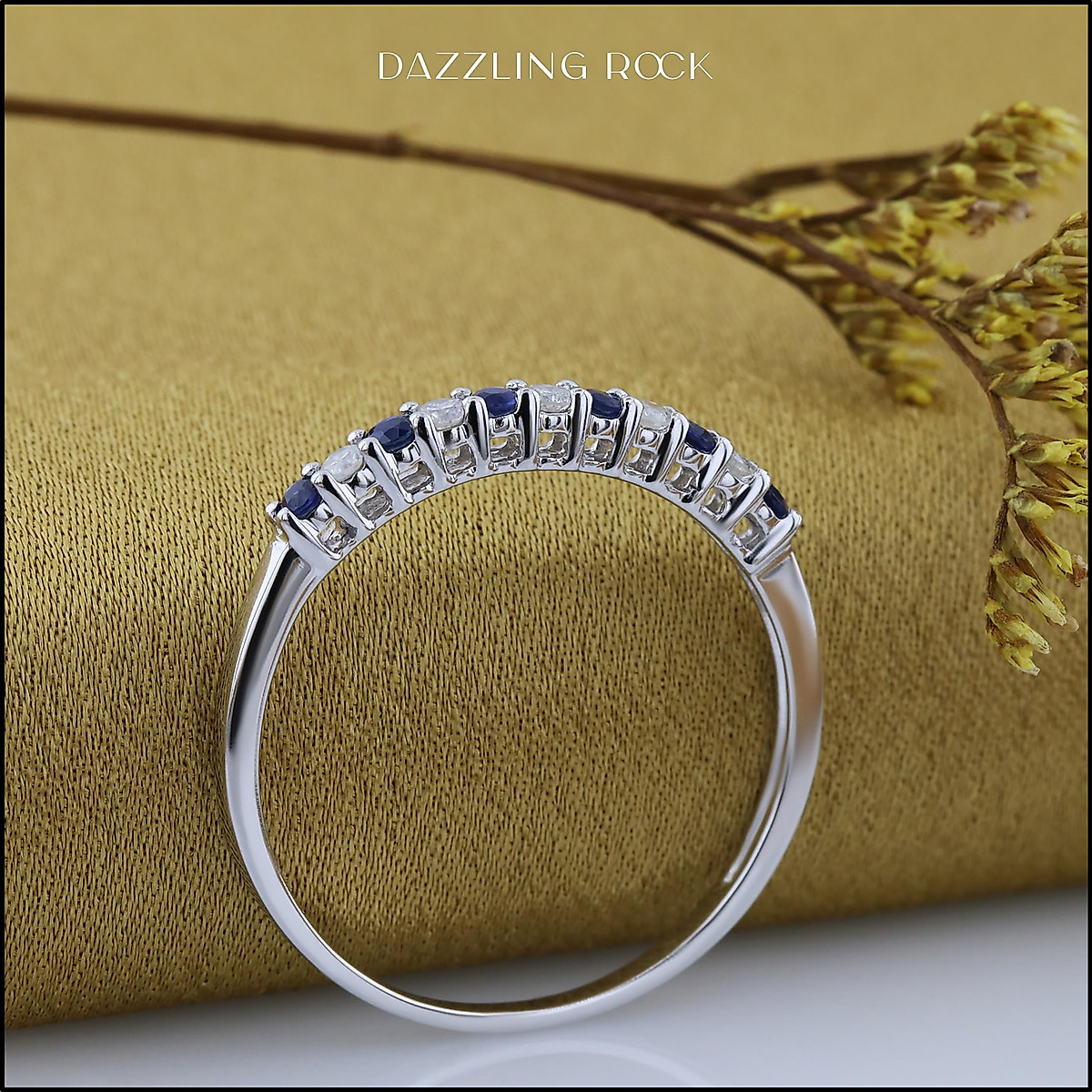 Dazzlingrock Collection Alternate Round Blue Sapphire & White Diamond Stackable Wedding Band in 10K Solid White Gold Size 10
