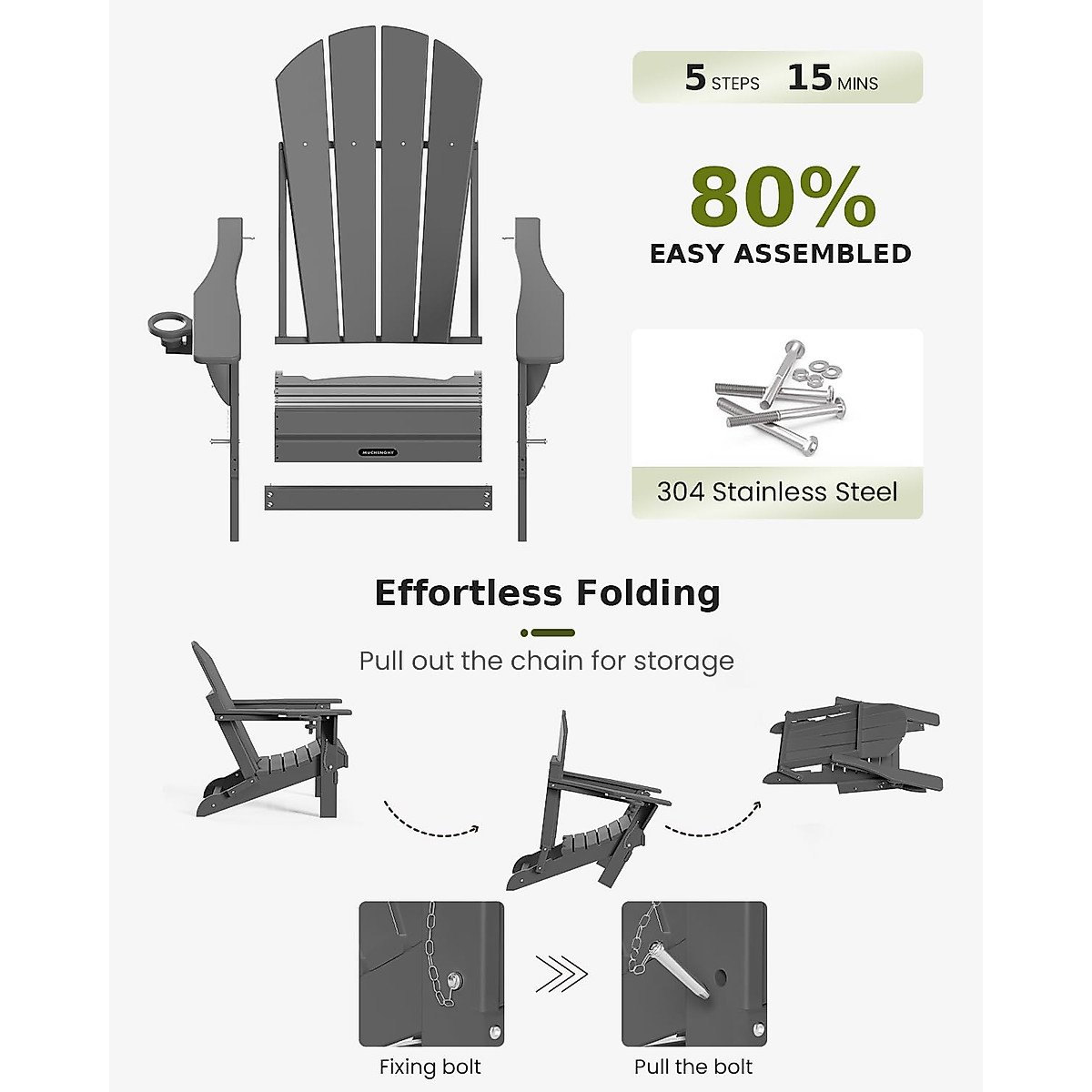 MUCHENGHY Outdoor Folding Adirondack Chair Weather Resistant Patio Chair with Cup Holder for Outside, Deck, Lawn, Backyard, Garden, Fire Pit, Campfire Lounger(Gray)