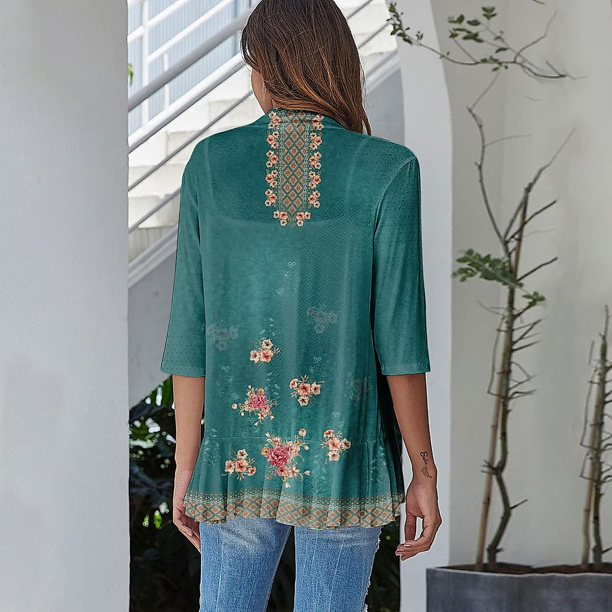 Cardigan Sweater for Women Retro Print Casual Duster Cardigans Lightweight Jackets 3/4 Sleeve Blouse Tops Coat Floral Jackets for Women Dance Dresses for Women（2-Dark Green,XX-Large）