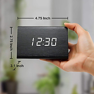 OCT17 Wooden Wood Clock, New Version LED Alarm Digital Desk Clock Adjustable Brightness, Alarm Time, Displays Time Date Temperature - Black
