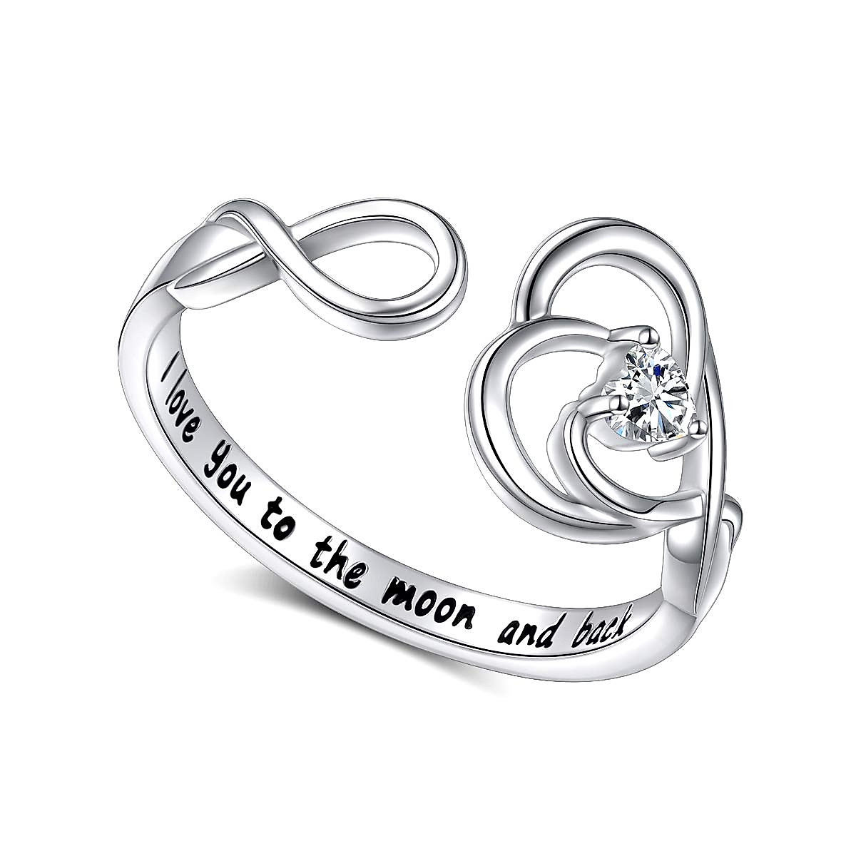 925 Sterling Silver Jewelry Engraved I Love You To The Moon and Back Love Heart Open Ring Size 7
