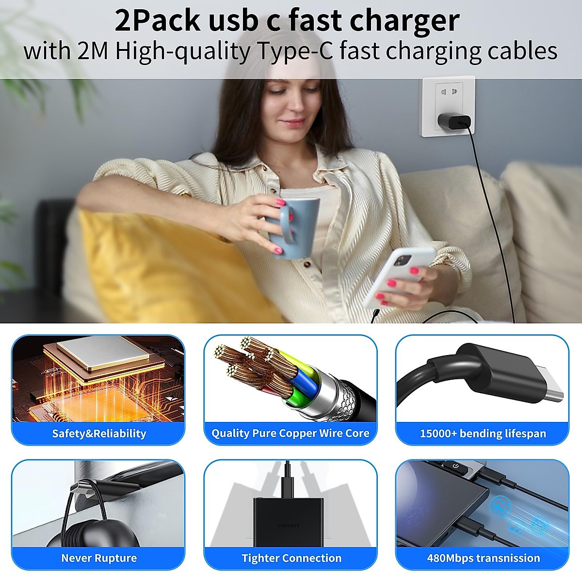 Type C Charger Fast Charging for Samsung 25W Fast Charger, 2-Pack PD/PPS USB C Fast Wall Charger Block with 6FT Type C to Type C Cable for Samsung Galaxy S23/S22/S21/S20/Note 20/Note 10/ iPhone 15