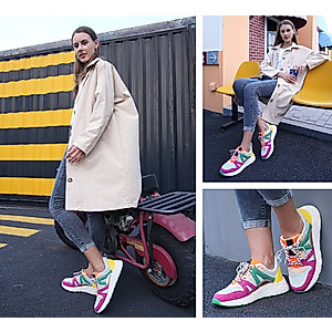 LUCKY STEP Women‘s Fashion Cusual Sneakers Platform Classic Leopard Walking Tennis Travel Shoes Chunky Colorful Lifestyle Sneakers(Fuchsia/Green,8.5B(M) US)