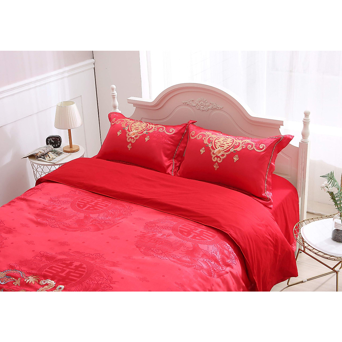 I-MART Queen Size Chinese Traditional Red Sheet Asian Bedding with Dragon and Phoenix Bird Embroidery Duvet Cover Set 4 Pcs