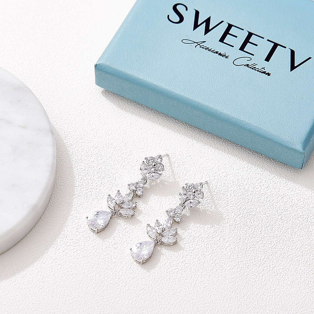 SWEETV Teardrop Wedding Earrings for Brides Birdesmaid, Crystal Cubic Zirconia Bridal Drop Earrings for Women Prom, Silver