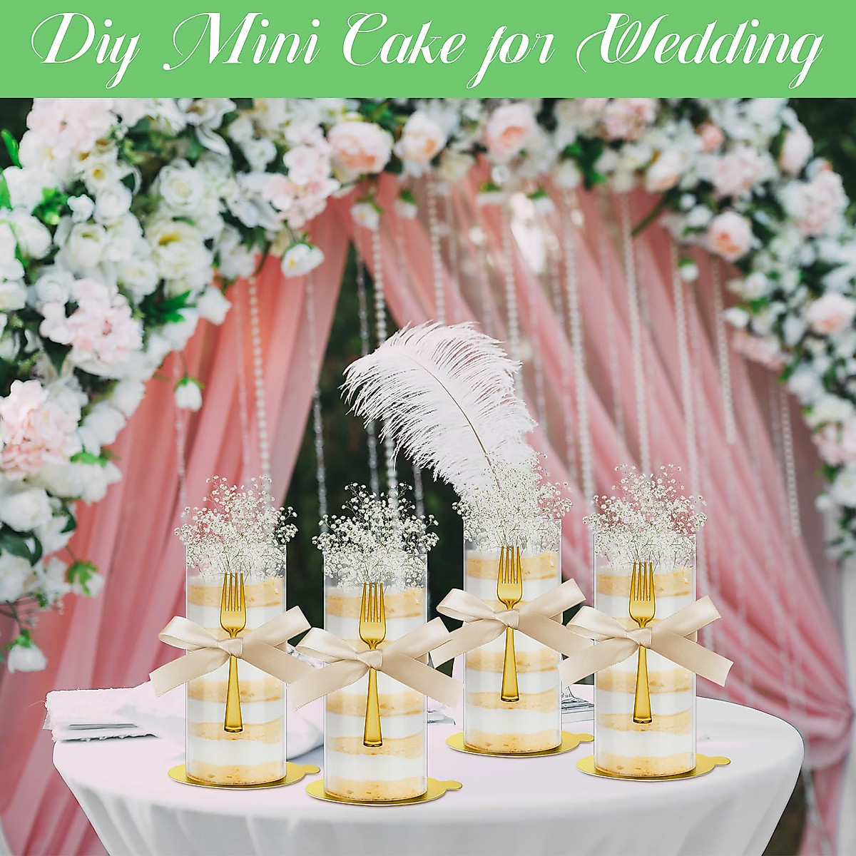 XunYee 30 Packs DIY Mini Cake Supplies with Mini Cake Boards Baking Transparent Cake Sheets Plastic Gold Forks Satin Silk Ribbon Cake Favor Sets for Dessert Display Wedding Shower
