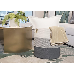 COMFY-HOMI XXL Large Laundry Basket with Handles Blanket Baskets Living Room|Woven Cotton Rope Decorative Basket Laundry Hamper Baby Gift Nursery Dog Toy Storage Organizer Bin-16”x18”-3Tone Grey