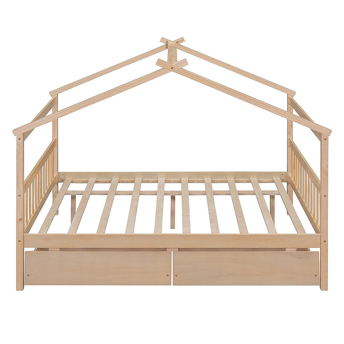 Full Size House Bed with 2 Storage Drawers Wooden Kids Montessori House Bed Frame Wood Playhouse Tent Bed for Girls Boys Teens, Natural
