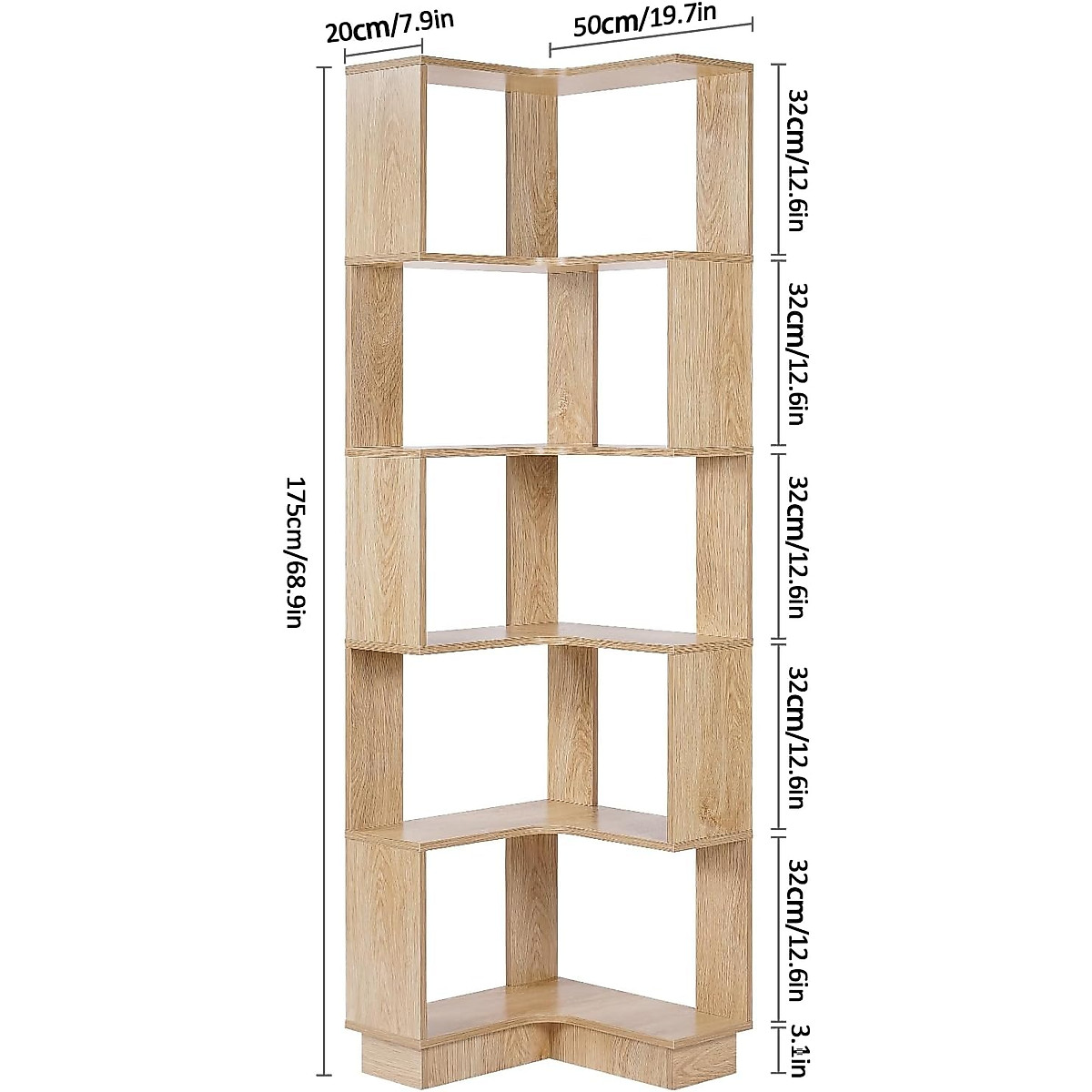 tonchean 5-Tier Corner Bookshelf 69" Tall Modern Wooden Corner Bookcase L-Shaped Shelf Storage Display Rack for Bedroom, Living Room, Home Office