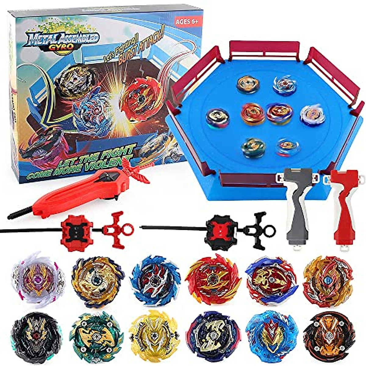 JIMI Bey Battling Top Stadium Blade Battle Set, 12 Burst Spinning Tops 3 Launchers Grip 1 Arena Combat Game, Toy Gift for Kids Boys Ages 6+