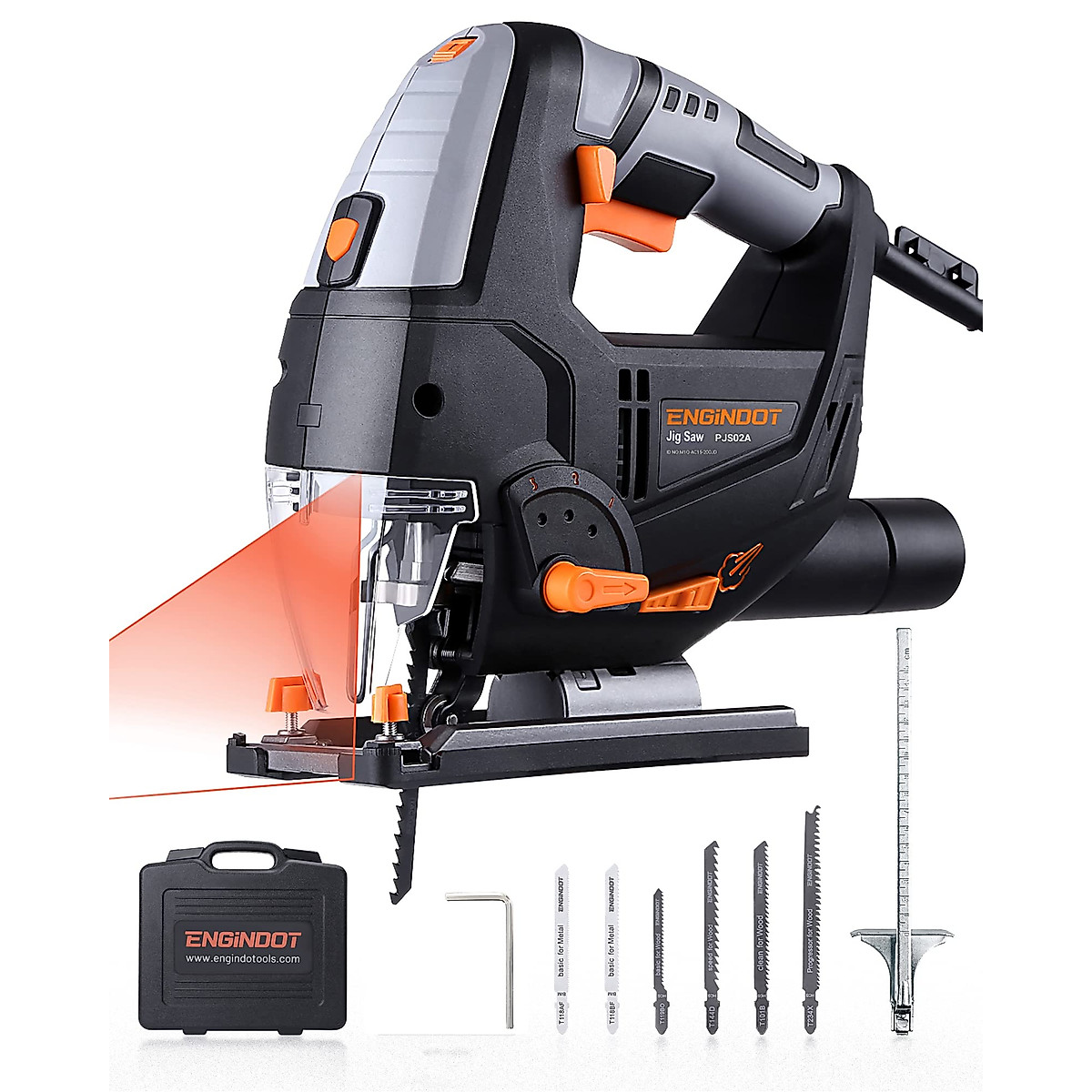 6.7 Amp 800W Jigsaw, ENGiNDOT (800-3000 SPM) Jig Saw with 6 Variable Speed, Laser & LED, 4 Orbital Sets, 6 Blades, 45° Bevel Cutting, Scale Ruler, Dust Blowing for Wood, Metal and Plastic Cutting