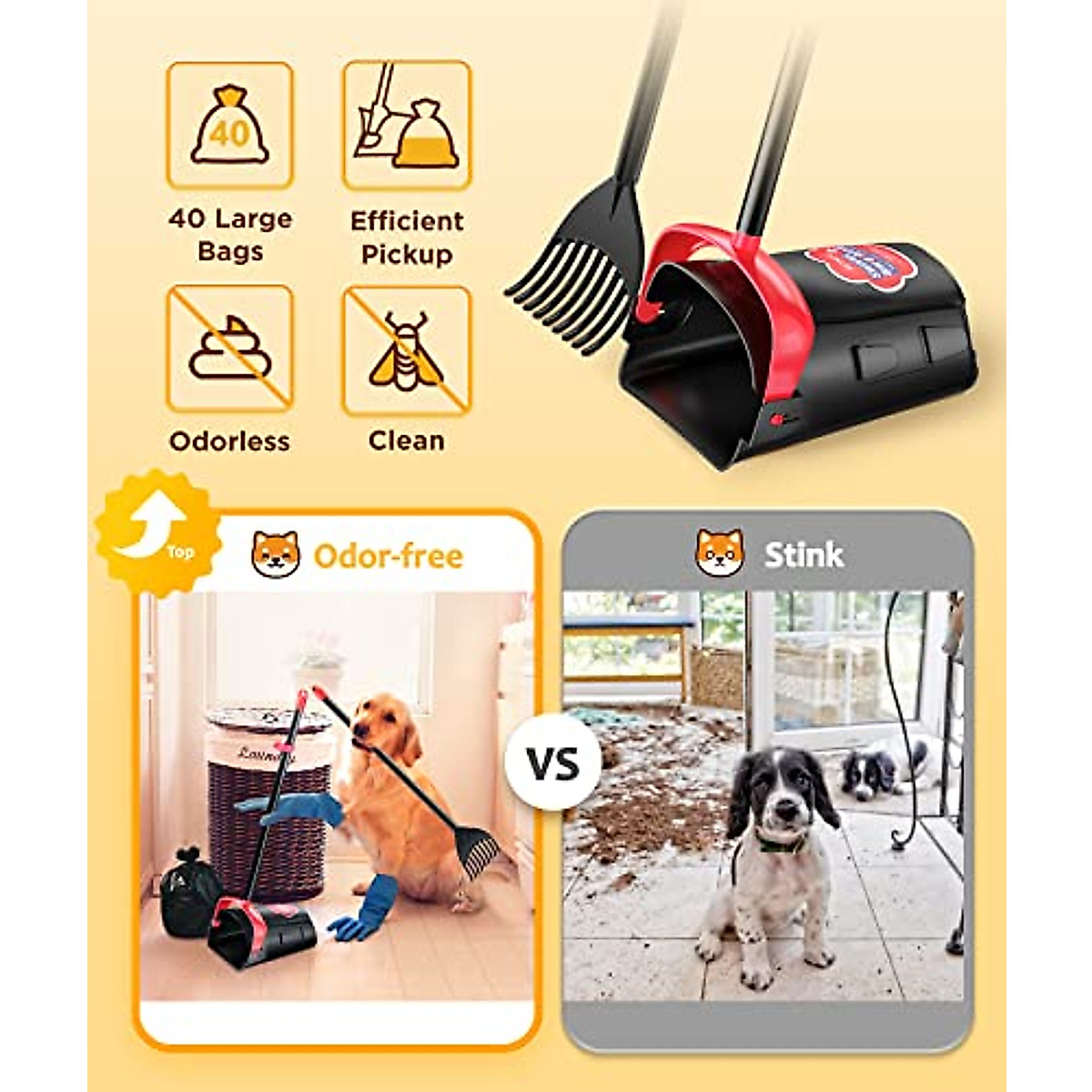 PETNOZ LIFE Large Swivel Bin & Rake Pooper Scooper with 40 Waste Bags, 36" Long Handle & 4 Bag Hooks Adjustable Dog Pooper Scooper for Large Dogs and Pets, Portable Non-Breakable Dog Poop Scooper