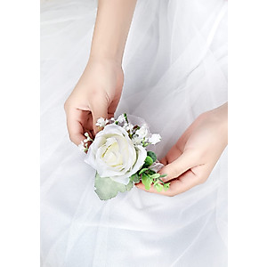 YSUCAU White Rose Wrist Corsages Wristlet Band Bracelet for Wedding,Set of 6, Ivory Eucalyptus Wrist Flower Wristband Hand Flower for Bride, Bridesmaid, Mother of Bride, Prom Party Decor