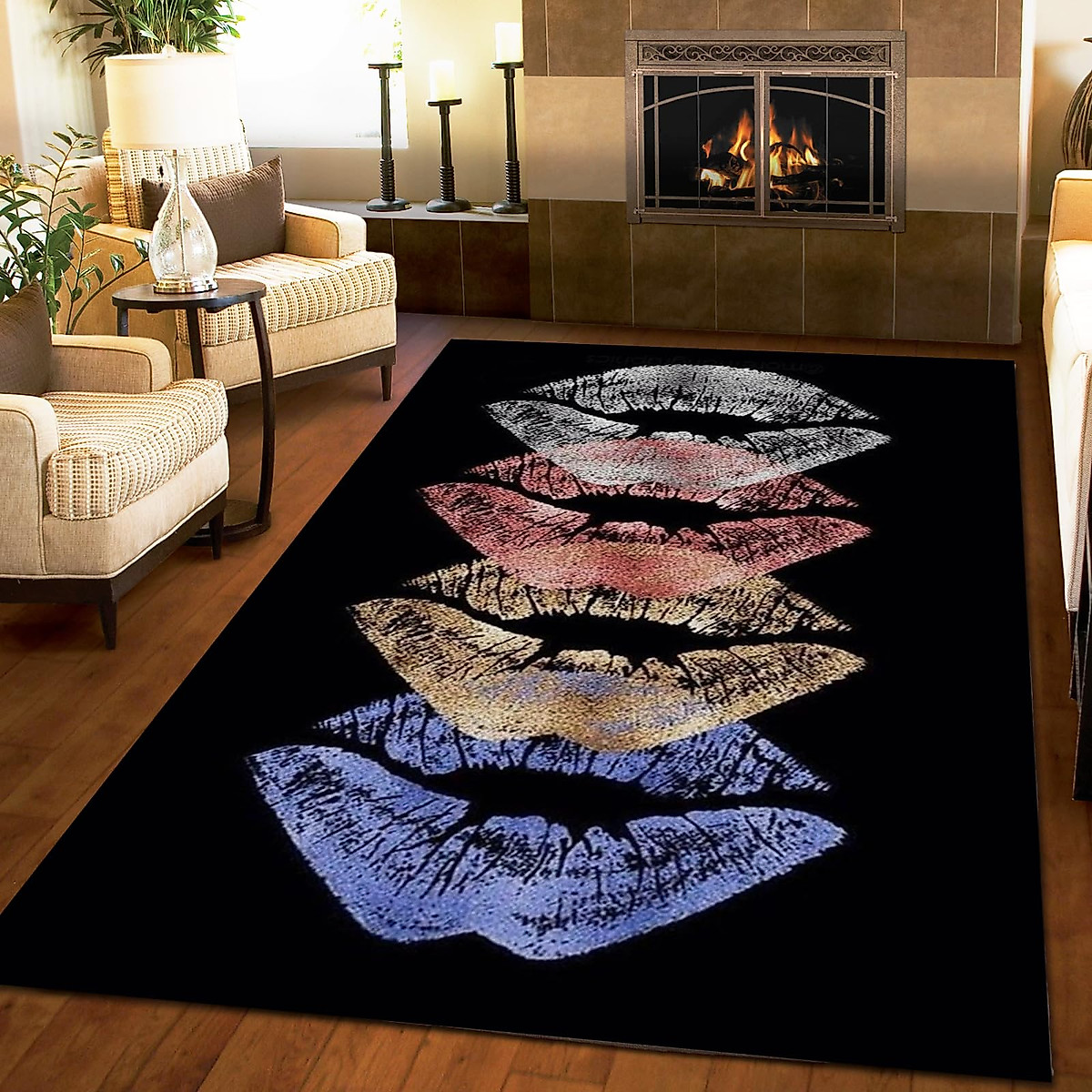 Colored Lips Lip Prints Area Rugs, Black Background Red Blue Fashion Creative Non-Slip Mat, Carpet Mat Soft and Comfortable Bright Color Apply to Bedroom Living Room Farmhouse,4×6ft/120 * 180cm