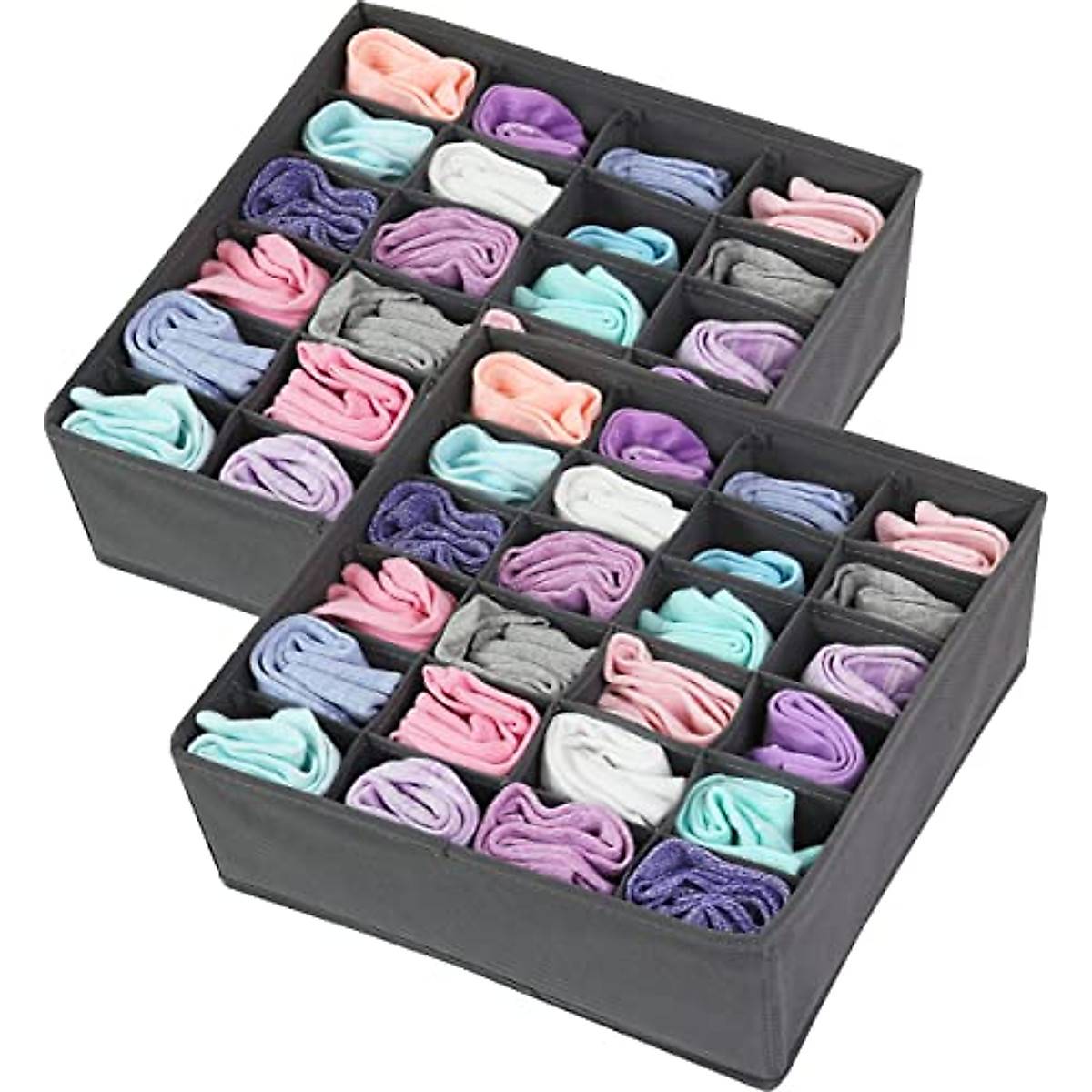Simple Houseware 2 Pack Closet Socks Organizer, 24 Cell Drawer Divider, Dark Grey