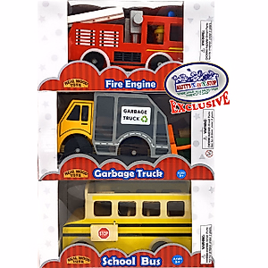 Matty's Toy Stop Deluxe Wooden Vehicle Set Featuring a School Bus (with 5 Play Figures), Fire Engine (Fire Truck) and Garbage Truck Gift Set Bundle - 3 Pack