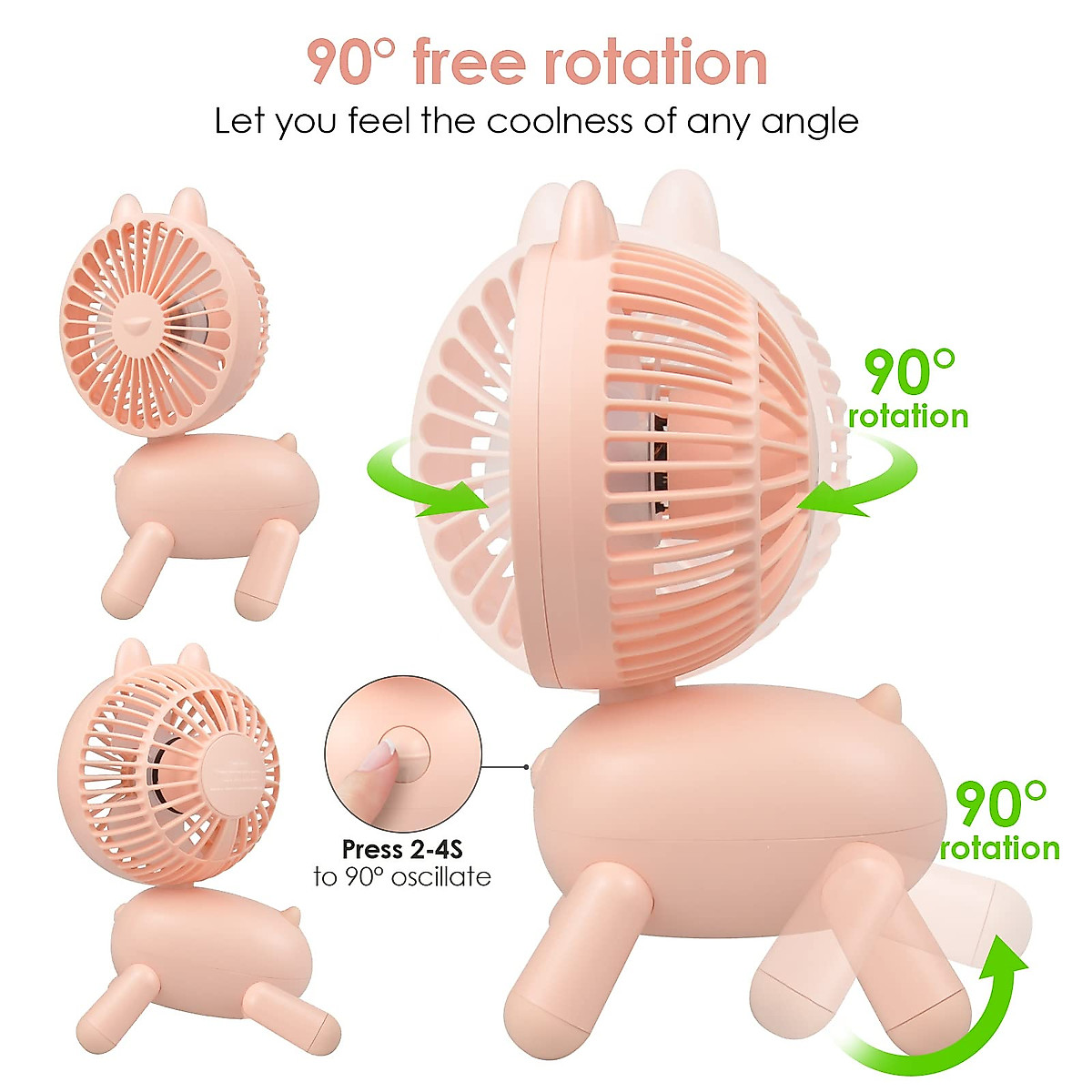 8 Inch Oscillating Small Desk Fan, 4 Speeds Portable Rechargeable Mini Fan with Puppy-Shape,Rotatable Table USB Personal Desktop Fan with Anti-slip Adjustable Rear Legs for Home/Office /Outdoor, Pink