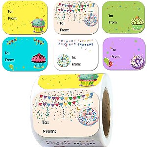 Name Tags Happy Birthday Stickers - 1.5 x 2 Inch, 300 Pcs, 6 Unique Cute Designs for Party Favors