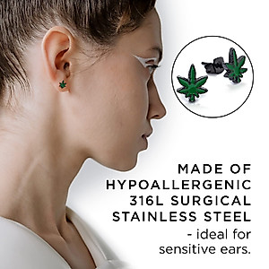 Pierce2GO Stud Earrings 316L Stainless Steel Anodized Black Ear Studs with Green Marijuana Leaf Pendant Earrings Studs for Women and Men – Marijuana Stud Earrings Set of 2