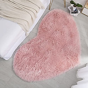 HOMBYS Fluffy 4x6 Faux Fur Heart Shaped Area Rug for Living Room Bedroom, Soft Large Pink Faux Sheepskin Play Carpet for Kids Baby Girls and Pets, Plush Furry Decor Shaggy Feet Mat for Bedside