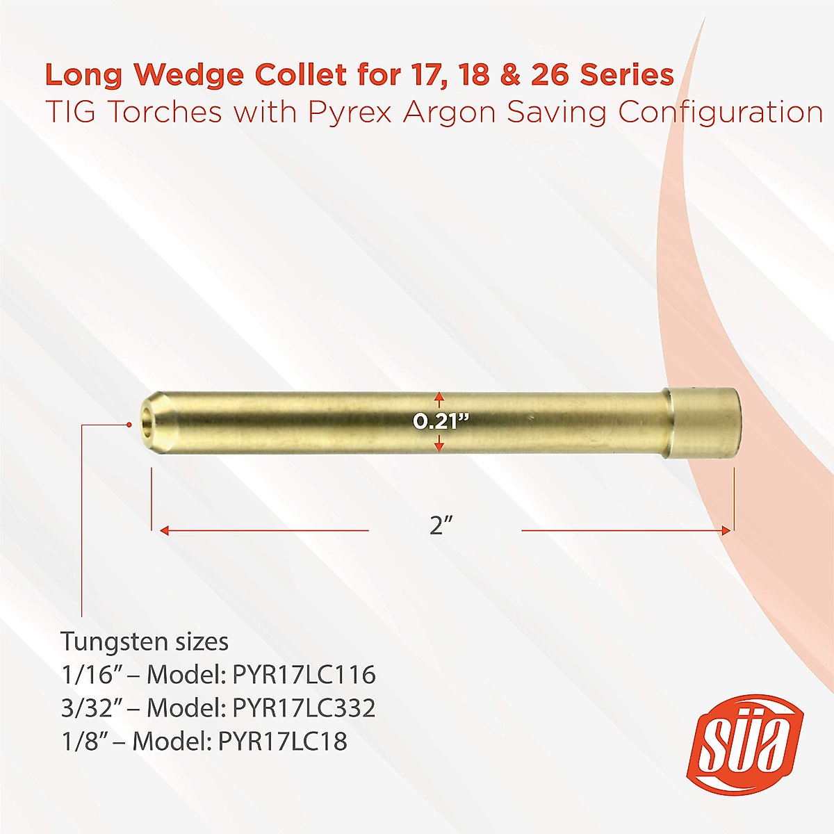 SÜA® - Long Wedge Collet for 17, 18 & 26 Series TIG Torches with Fused Quartz Argon-Saving Configuration - Size: 1/8'' - (10-PACK)
