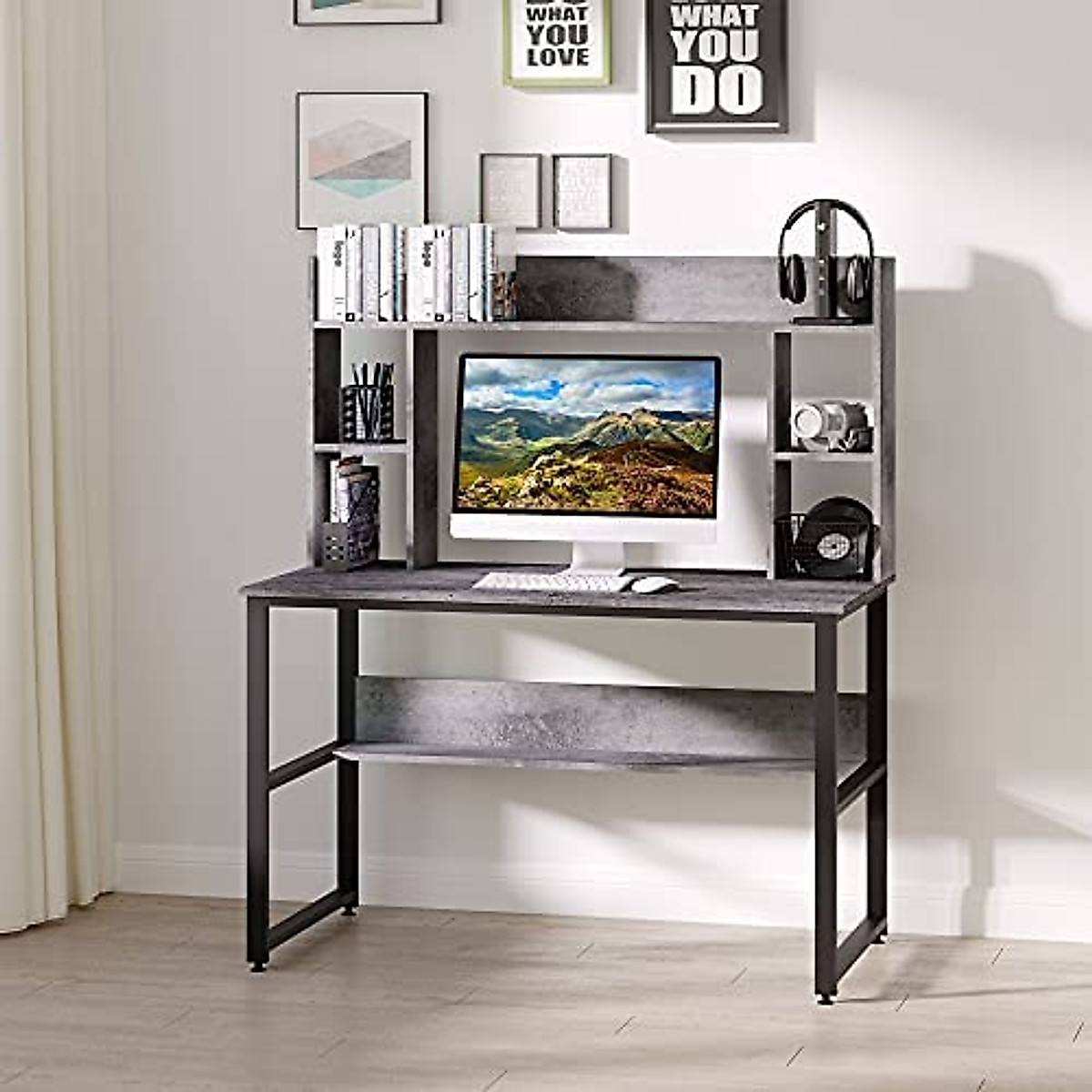 HOMCOM Office Computer Desk Writing Table Workstation with Storage Shelves, Decorative Hutches, & Strong Build, Grey
