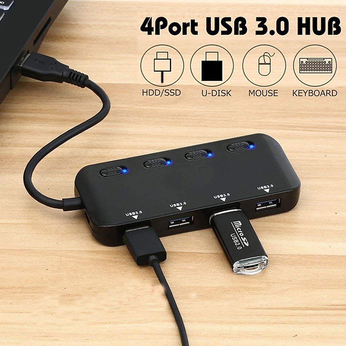 USB 3.0 Hub Splitter - USB Extender 4 Port USB Ultra Slim Data Hub with Individual Power Switch and LED for Laptop, Computer, PC, Thumb Driver and More