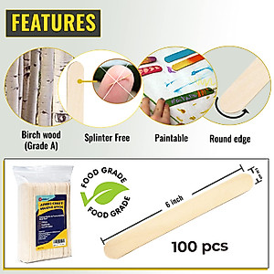 100 Piece Large Jumbo Wooden Craft Sticks (6" x 3/4"), Premium Natural Organic Wood for Waxing, Craft Project, Tongue Depressor, Popsicle, Ice Cream Stick ,Woodcraft, Paint Stirrer and Art - Apremont
