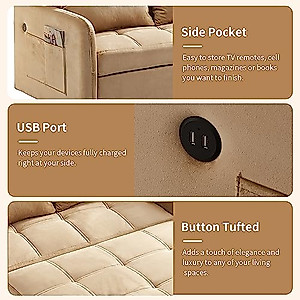 NIOIIKIT 3-in-1 Convertible Sleeper Sofa Bed, Modern Velvet Loveseat Sofa Couch, Chaise Lounge with Adjustable Backrest, Pillows, Pocket, Pull Out Bed for Living Room, Bedroom (Khaki)