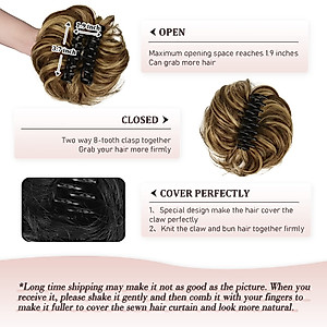 Claw Clip Messy Bun Hair Piece Real Human Hair Buns Wavy Curly Chignon Hair Bun Extensions Tousled Updo Hair Buns Claw Clip Ponytail Hairpieces with Clip for Women（Brown with Blonde Highlights 3）