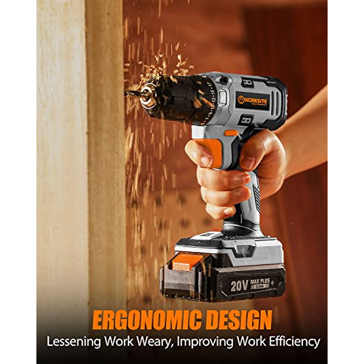 WORKSITE Cordless Drill/Driver Kit, 20V MAX 3/8" Compact Drill Set with 2.0A Battery, Charger, 309 In-lbs Max Torque, 24pcs Accessories for Drilling Wood Metal