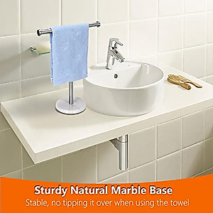 Kalitro Towel Rack with Natural Marble Base T-Shape Hand Towel Holder Stand SUS304 Stainless Steel for Bathroom Vanity Countertop Brushed Nickel Finish (Silver)