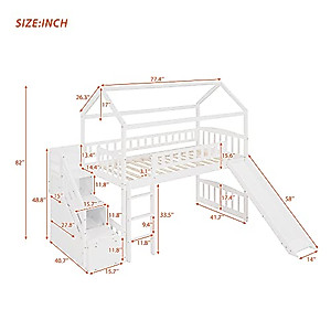 Harper & Bright Designs House Bed Loft Bed with Slide, Twin Loft Bed with Stairs and Storage, Wood Loft Bed Frame for Kids & Girls & Boys (White)